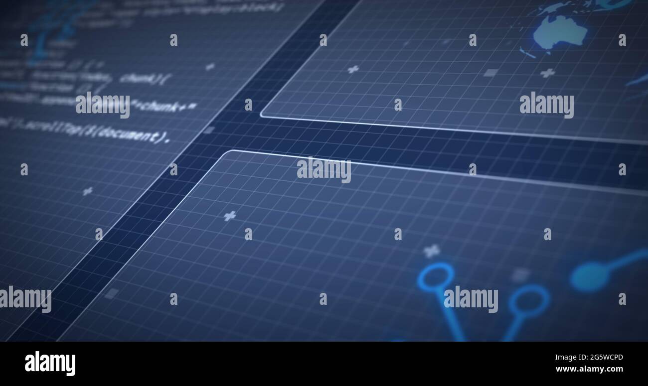 Image of globe spinning, processor elements and data processing on screens over grid Stock Photo ...