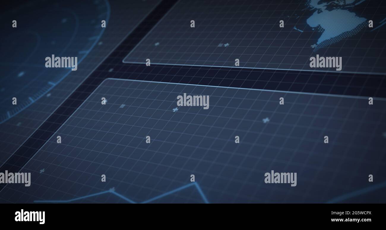 Image of data processing, world map and scope scanning on screens over grid Stock Photo - Alamy