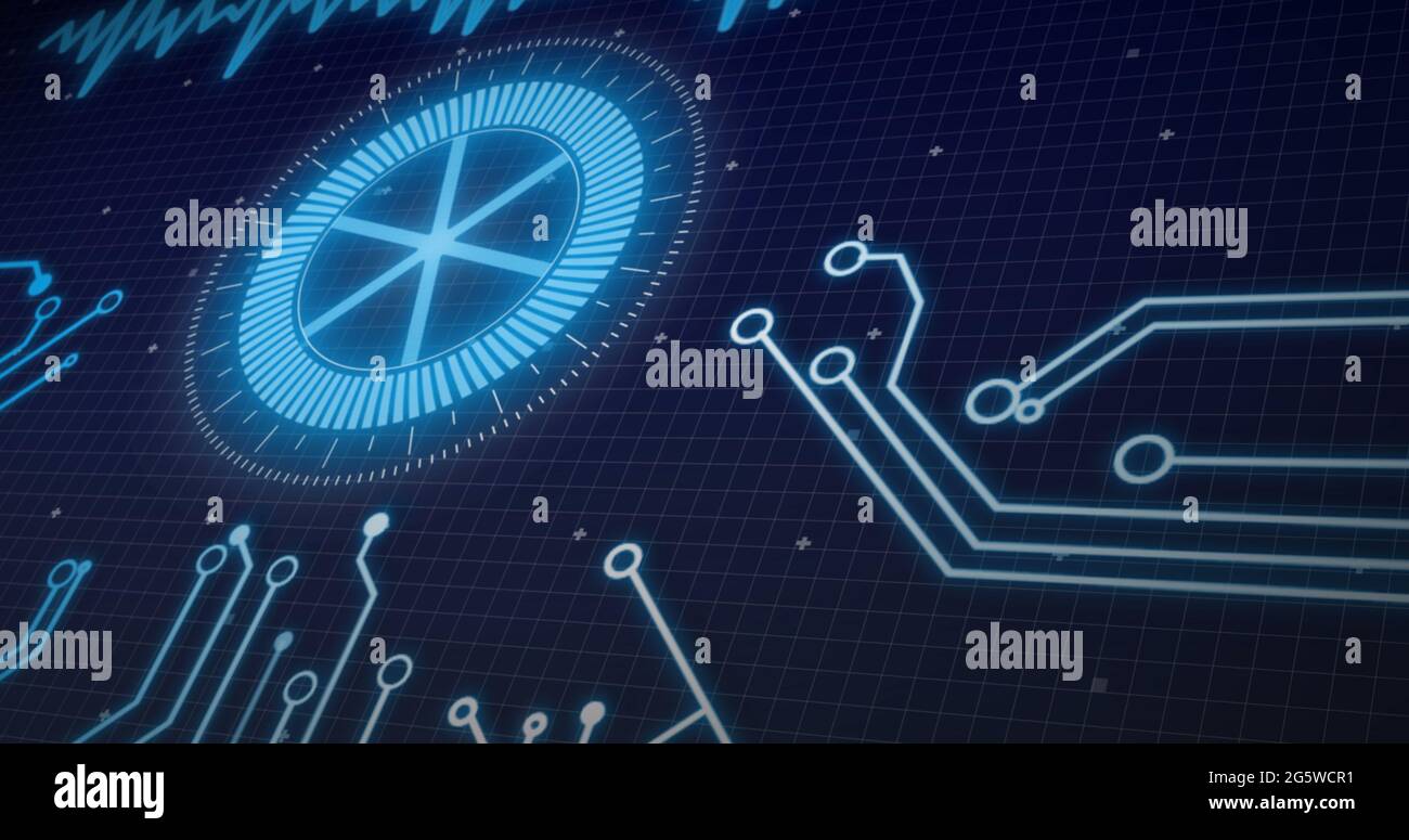 Image of scope scanning, processor elements and data processing over grid Stock Photo - Alamy