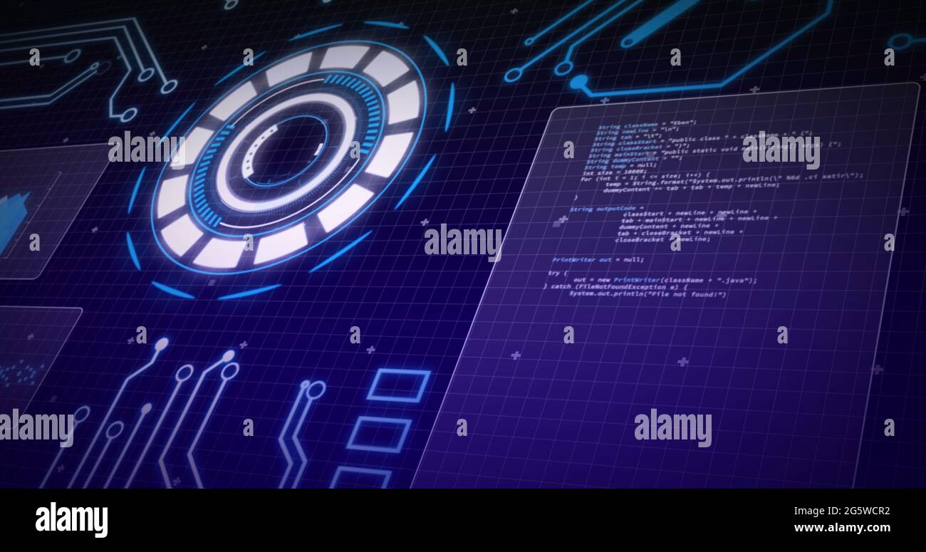 Image of statistics recording and scope scanning on screens over grid ...