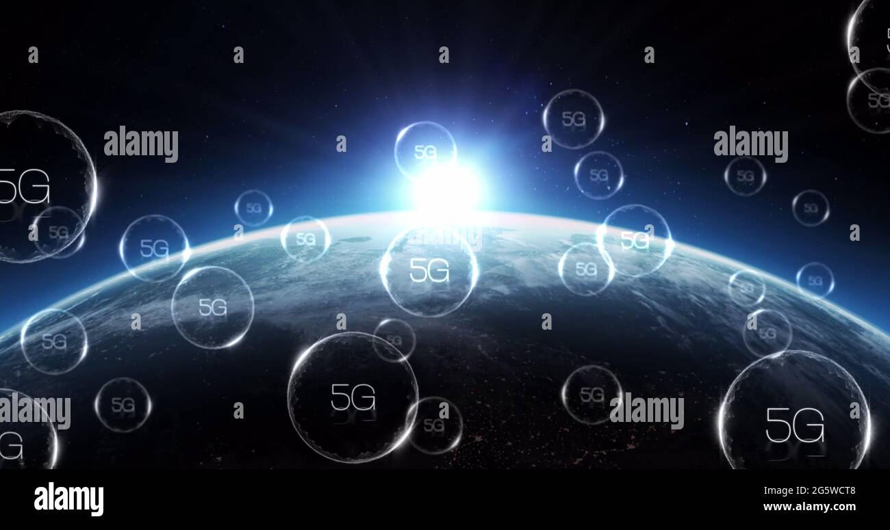 Multiple bubbles with 5g text floating and bursting against blue spot ...