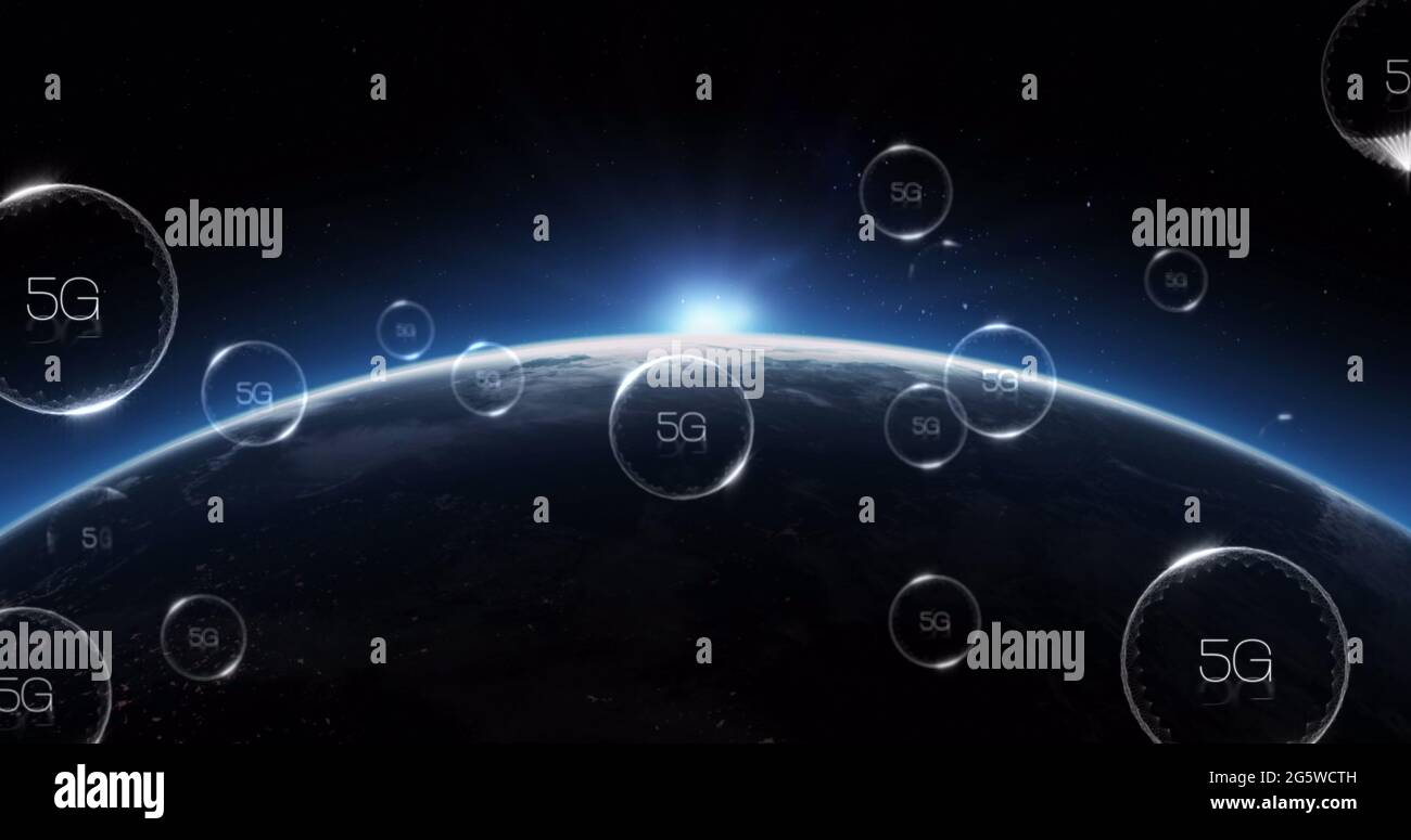 Multiple bubbles with 5g text floating and bursting against blue spot ...