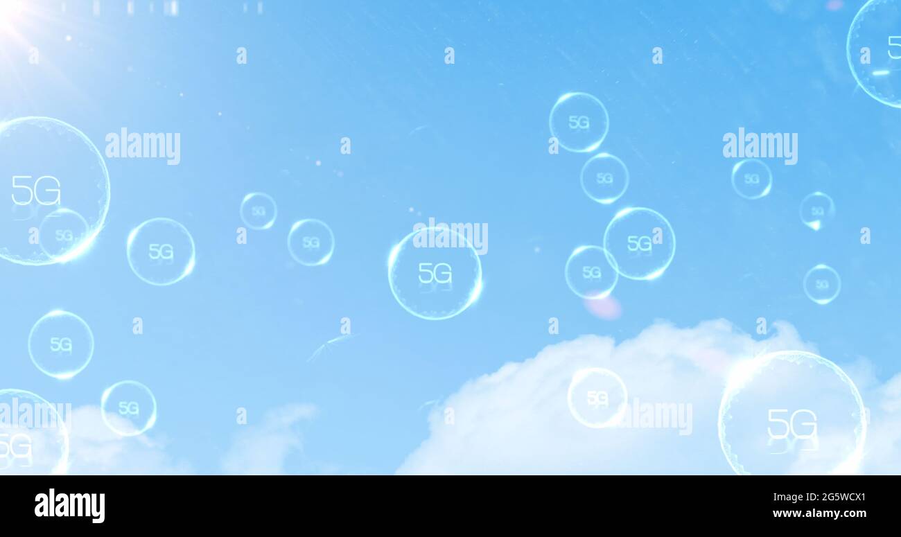 Multiple bubbles with 5g text floating and bursting against clouds in ...