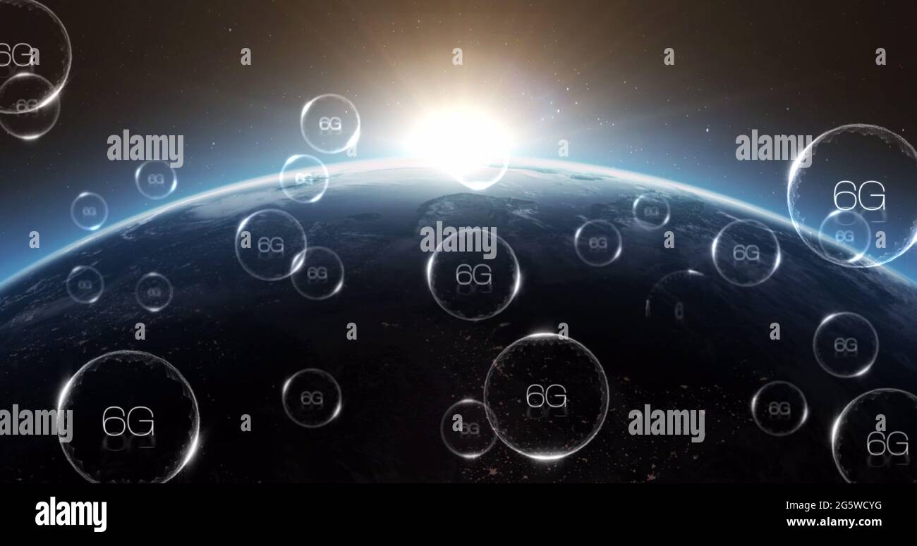 Multiple bubbles with 6g text floating and bursting against blue spot ...