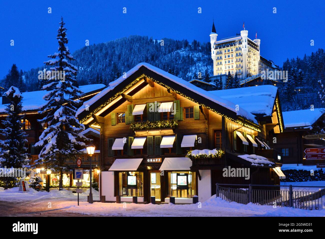SWITZERLAND. BERN CANTON. GSTAAD. THE PROMENADE AT NIGHT WITH ITS ...