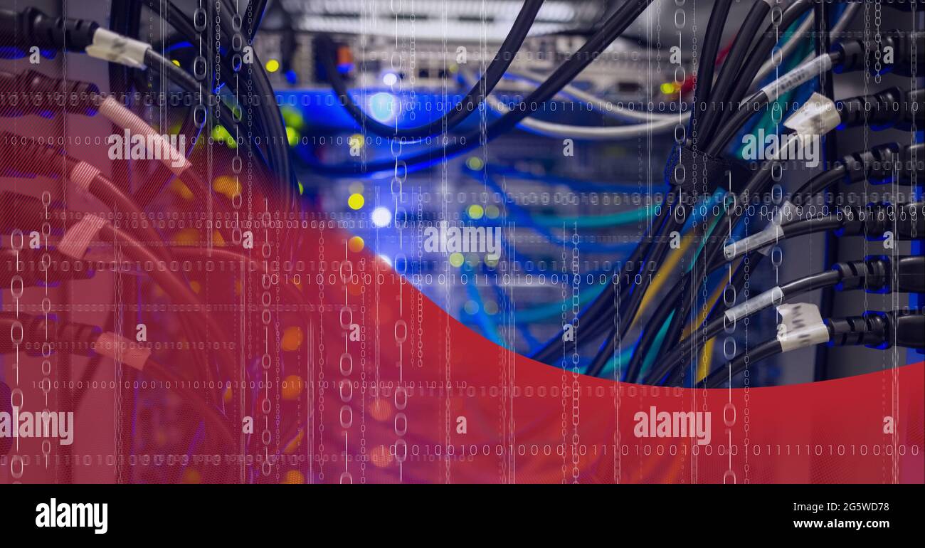 Data processing over close up view of computer server against red ...