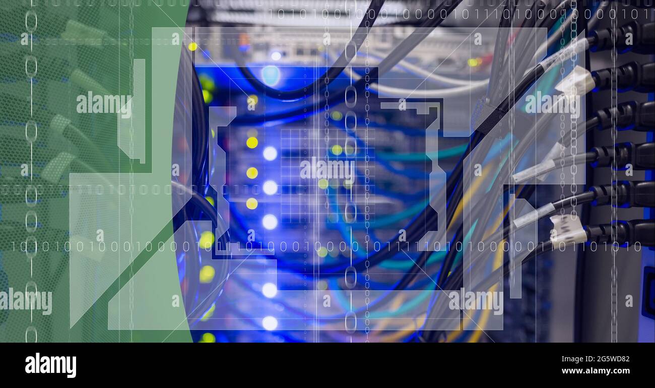 Data processing over close up view of computer server against green technology background Stock ...