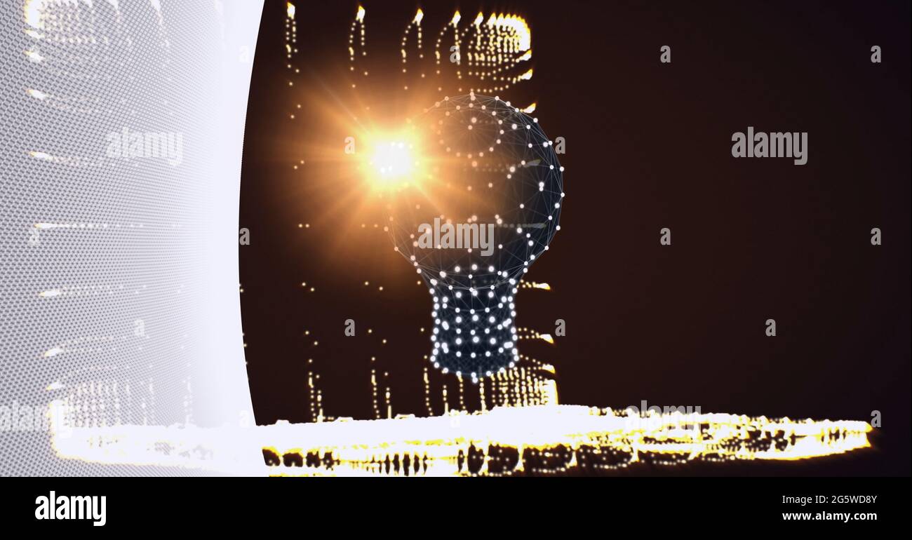 Spot of light over bulb of network of connections against white ...