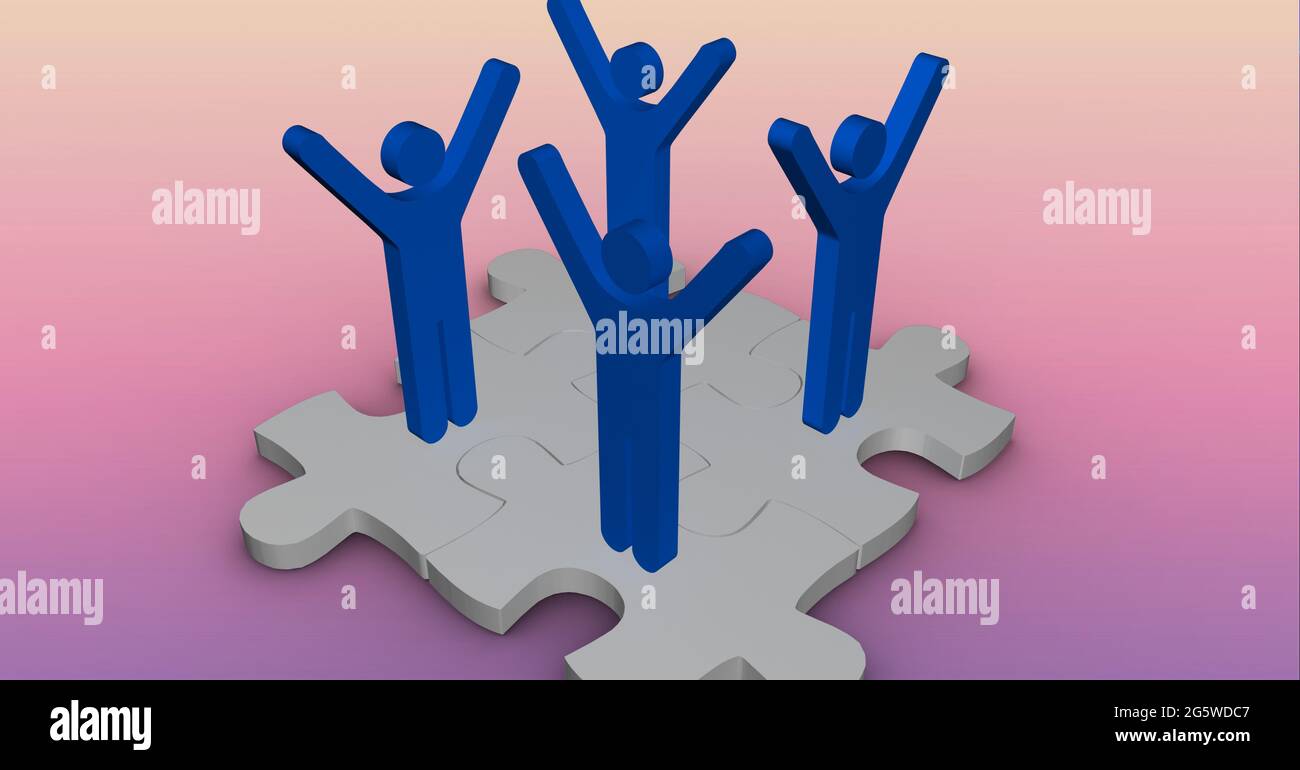3d businesspeople icons over jigsaw puzzle against pink and purple ...