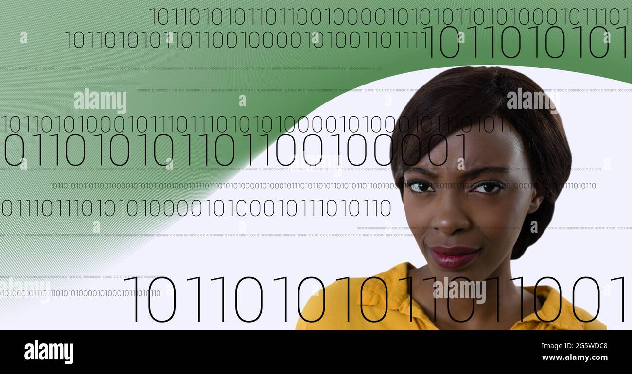 Binary coding data processing over portrait of businesswoman against green technology background ...