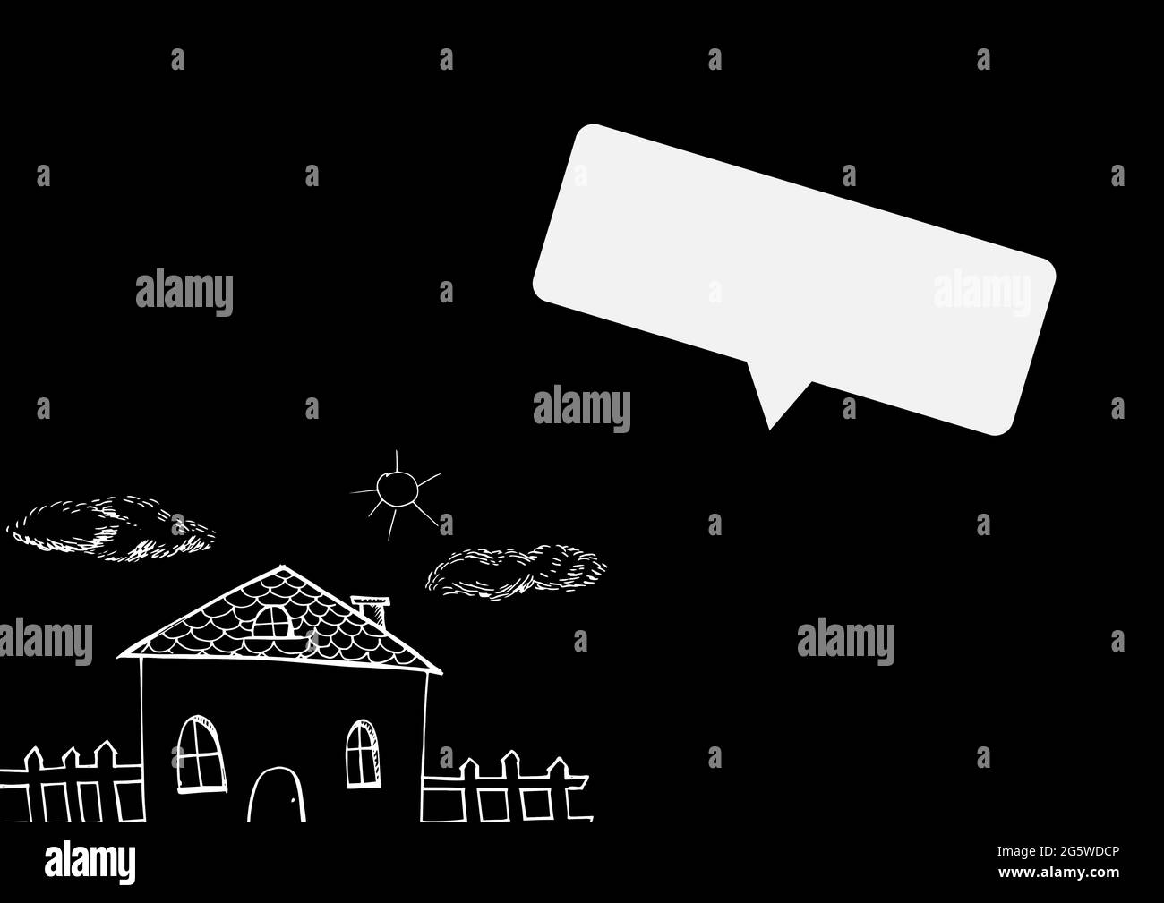 Digitally generated image of blank speech bubble over house drawing on ...
