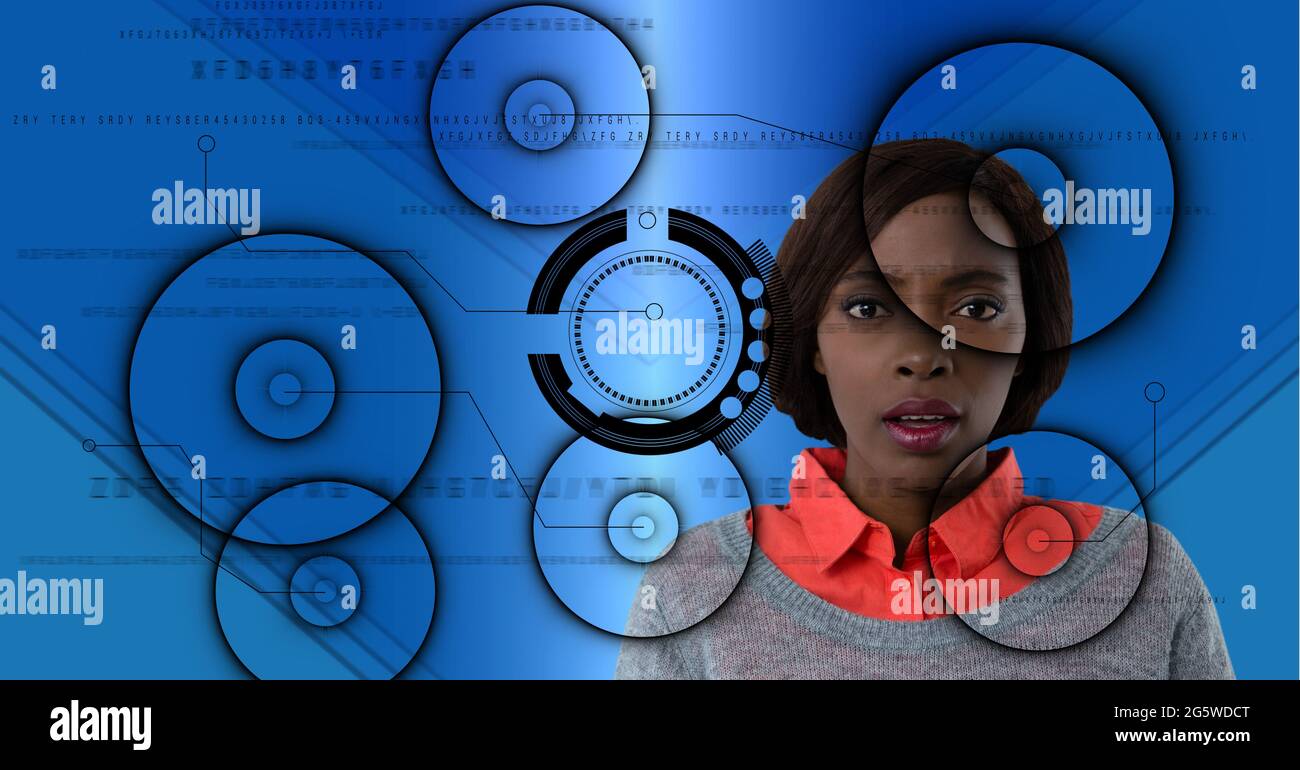 Multiple round scanners over portrait of businesswoman against blue ... Multiple round scanners over portrait of businesswoman against blue ...