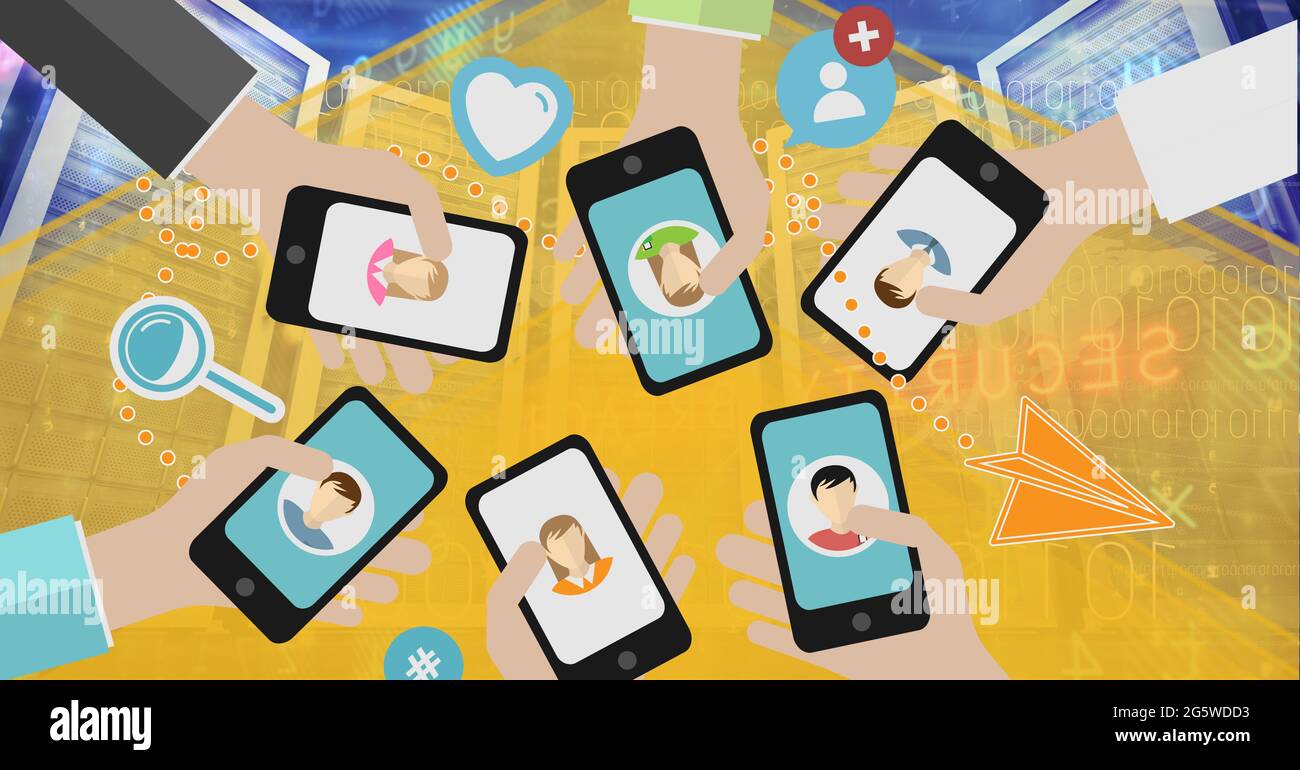 Hands using smartphone icons over computer servers against yellow ...