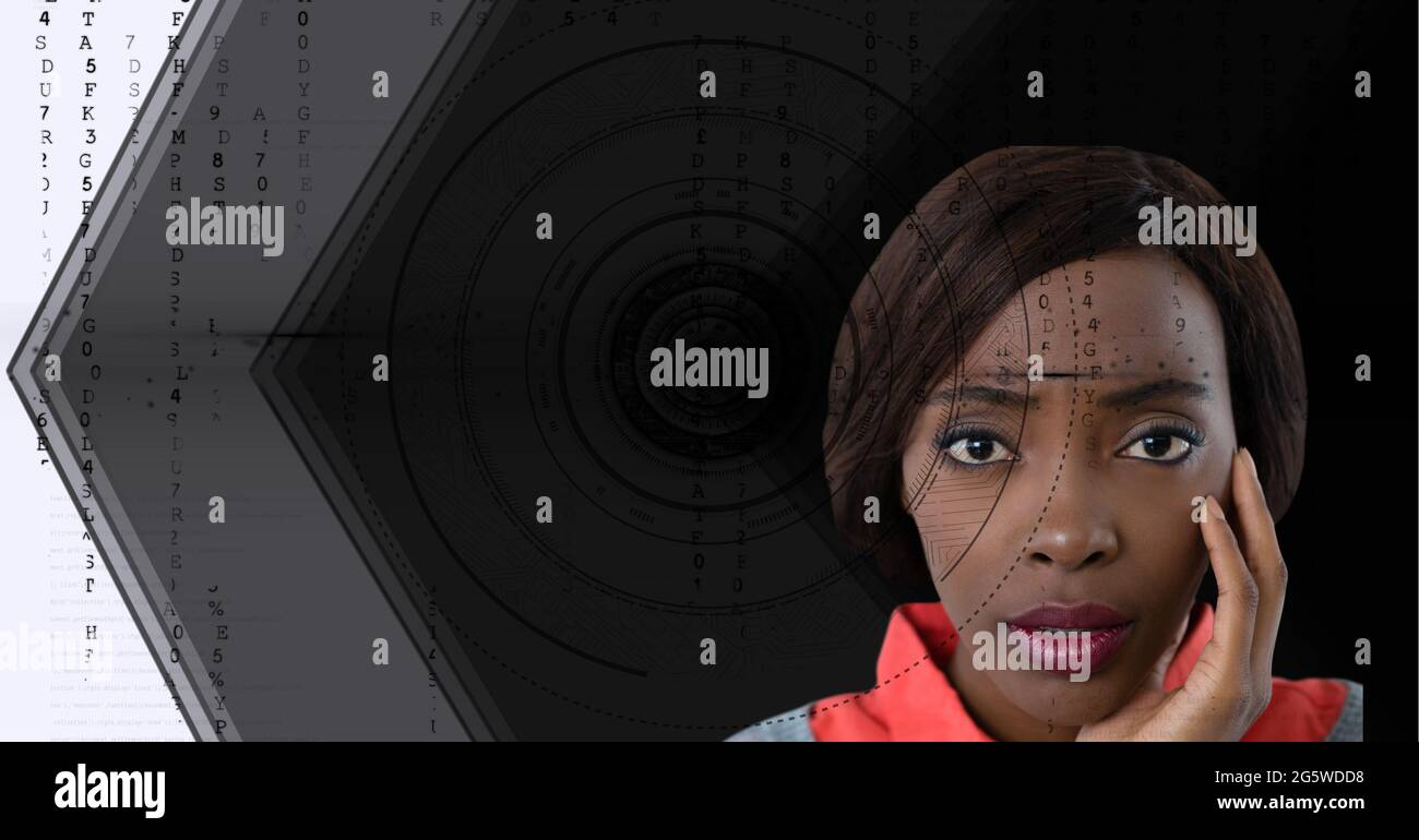 Round scanner and data processing over portrait of businesswoman against grey technology ...