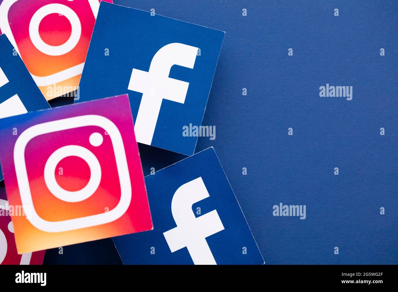 LONDON, UK - June 2021: Facebook and Instagrm logos printed onto paper ...