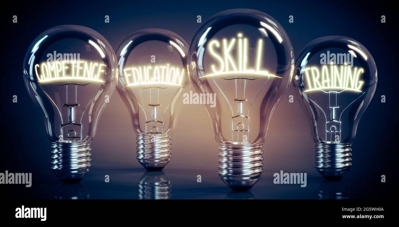 Competence, education, skill, training - shining four light bulbs - 3D ...