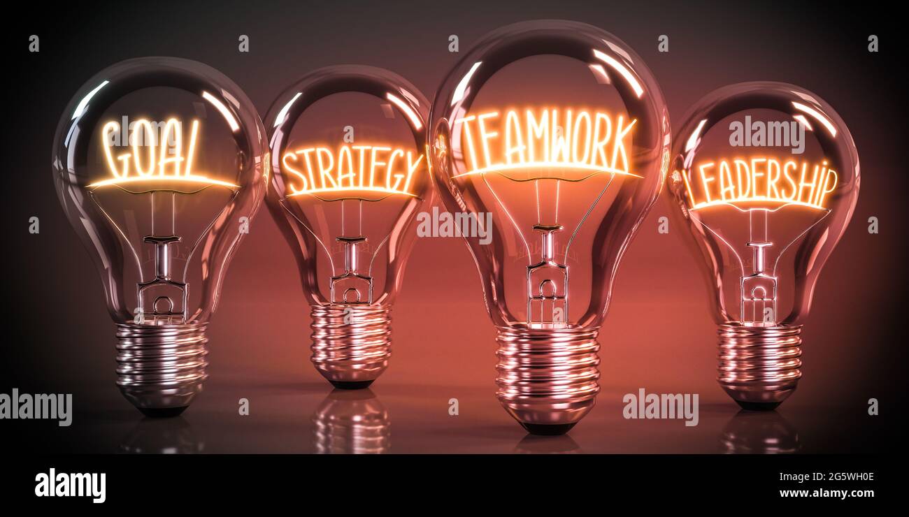 Goal, strategy, teamwork, leadership - shining four light bulbs - 3D ...