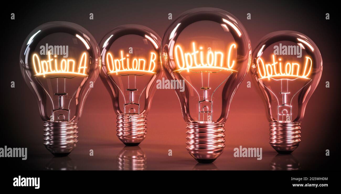 Option A, B, C, D - shining four light bulbs - 3D illustration Stock ...