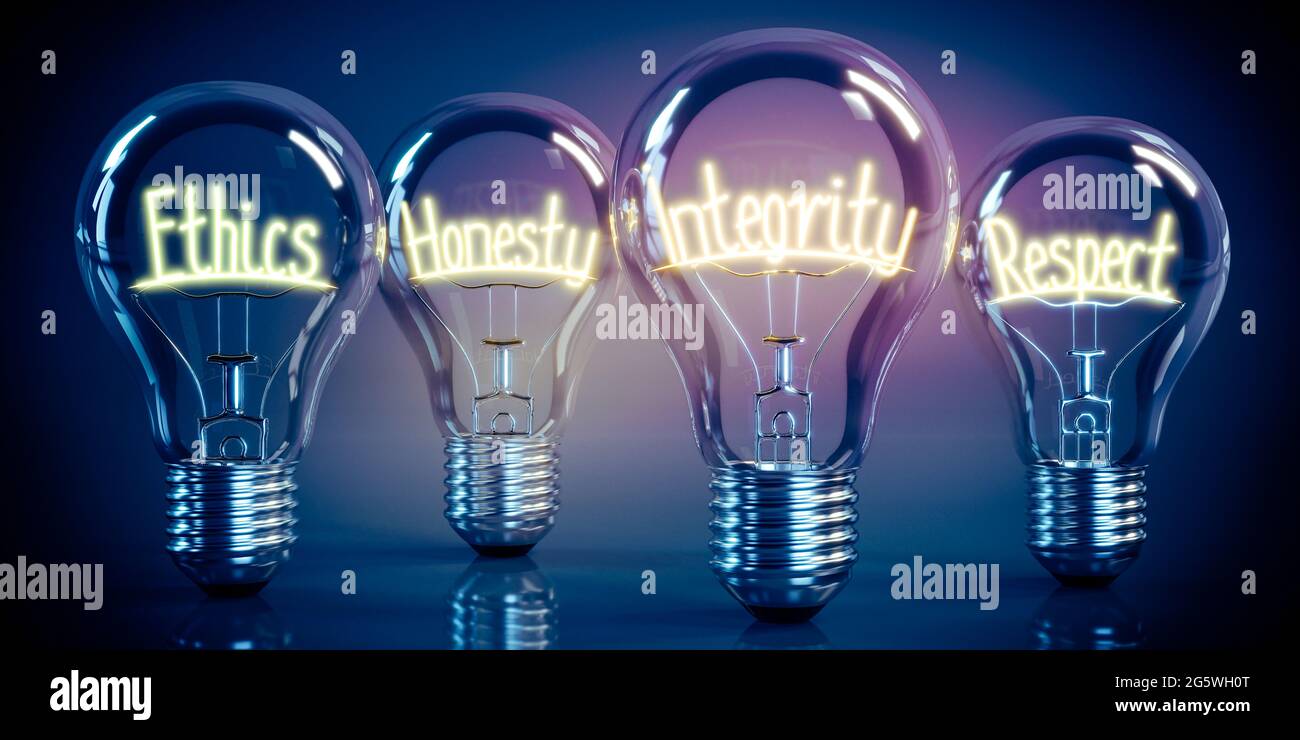 Ethics, honesty, integrity, respect - shining four light bulbs - 3D ...