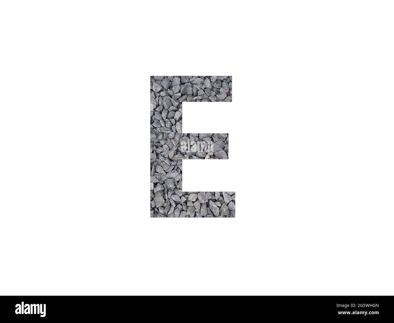 Letter E of the alphabet made with grey gravel isolated on a white ...