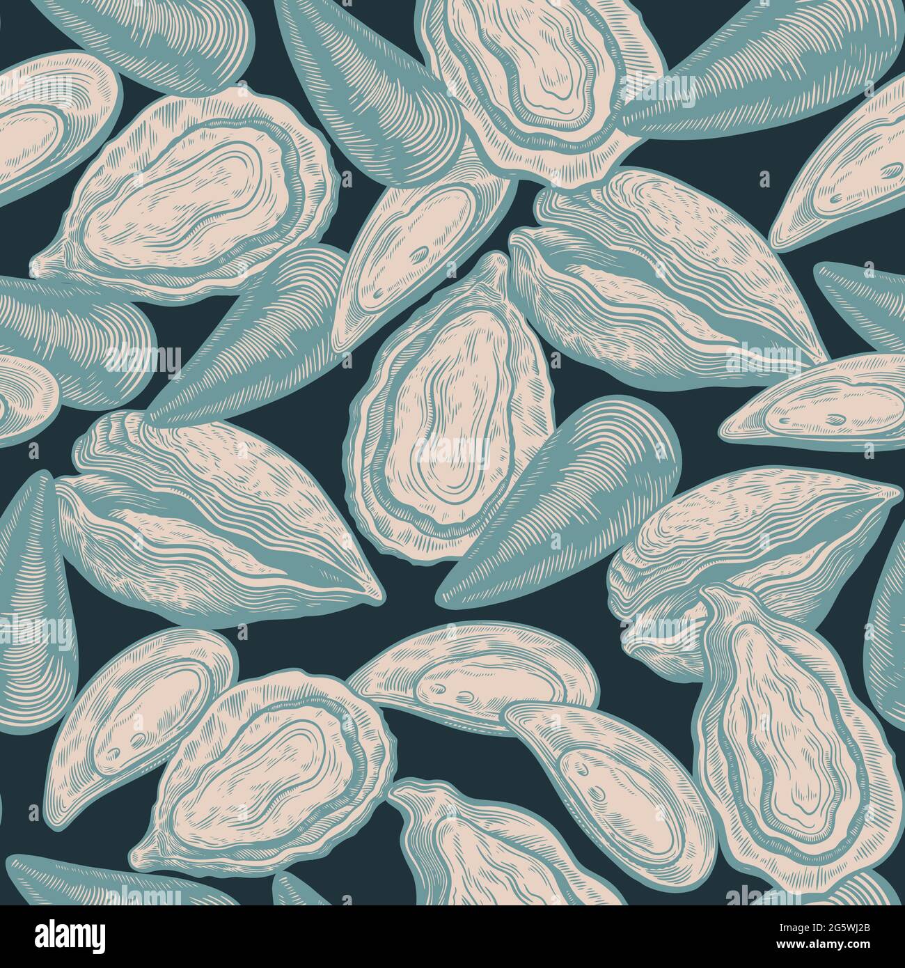Vintage seamless pattern with oyster shells in engraving sketch hand ...