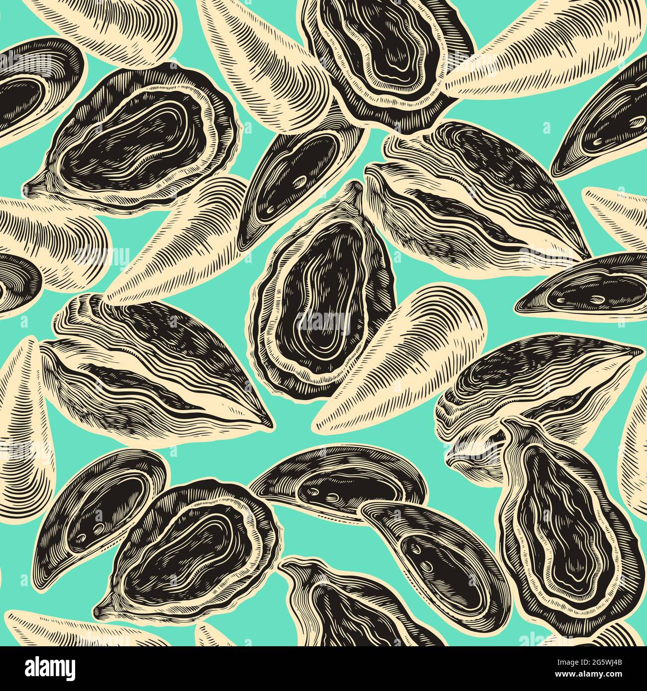 Vintage seamless pattern with oyster shells in engraving sketch hand ...