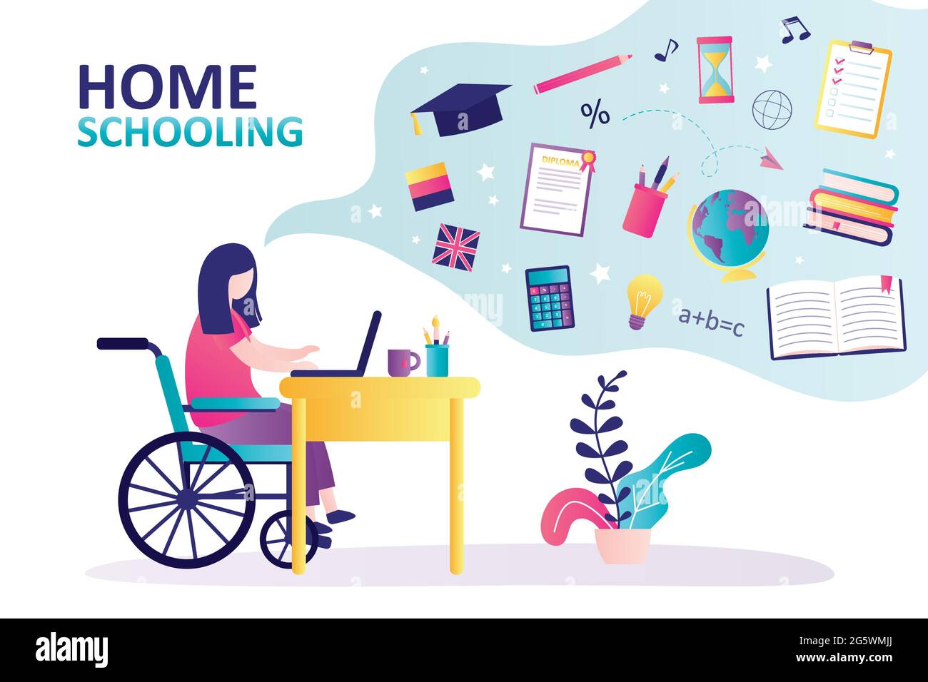 Disabled schoolgirl studying at laptop. Social adaptation of people ...