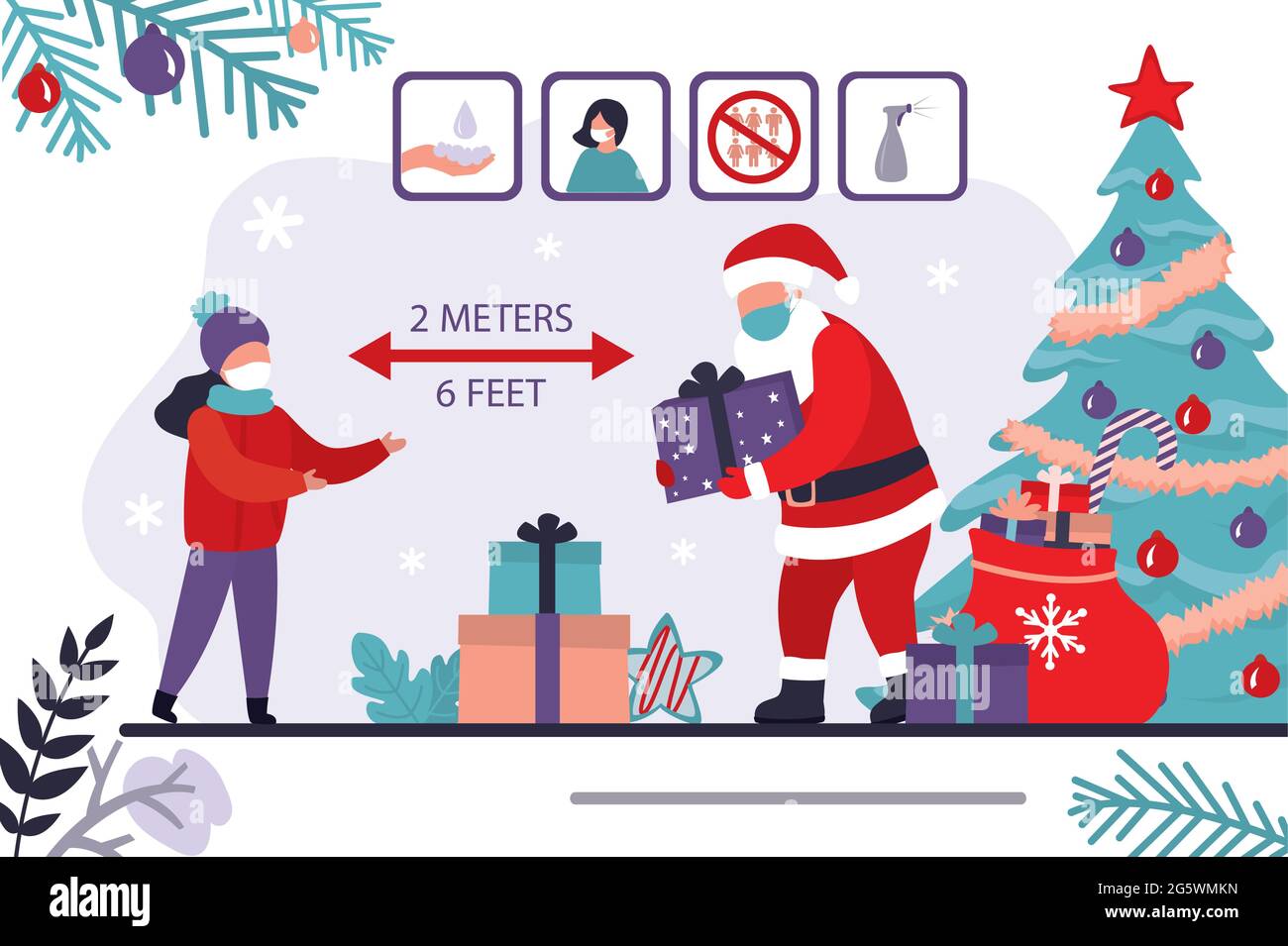Santa Claus in face mask gives gift to girl. Father Christmas and child ...