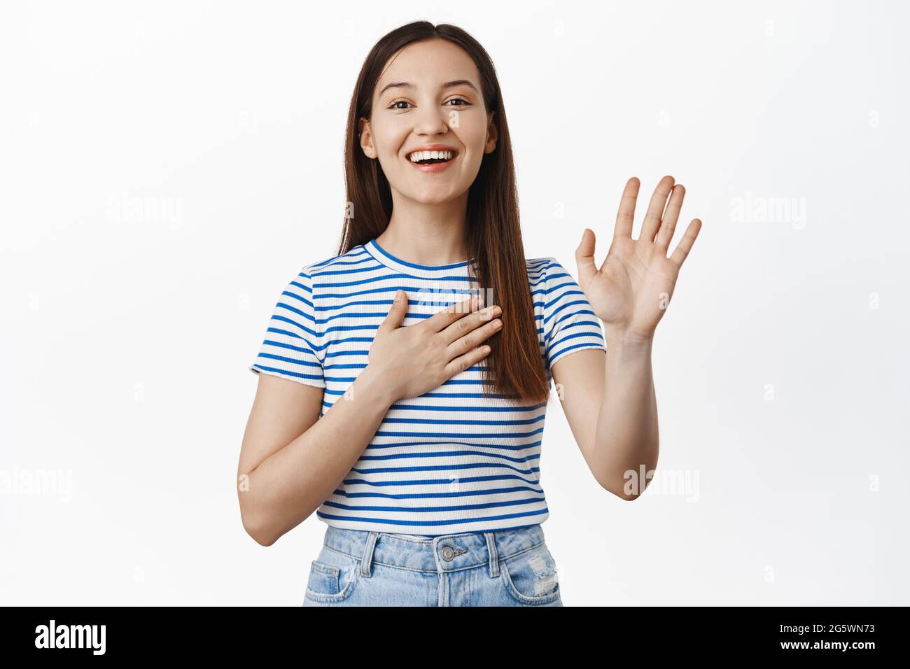 Image Of Young Cheerful Girl Introduce Herself Volunteering Raising