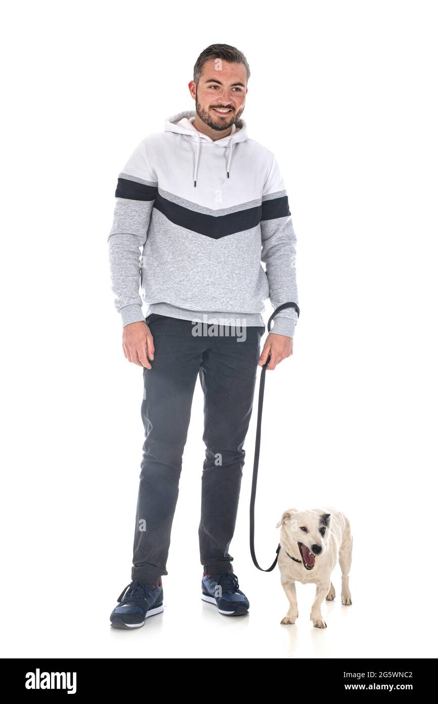jack russel terrier and man in front of white background Stock Photo ...