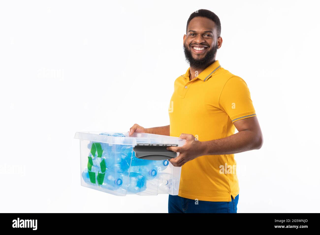 African American Guy Holding Recycle Box With Plastic, White Background ...