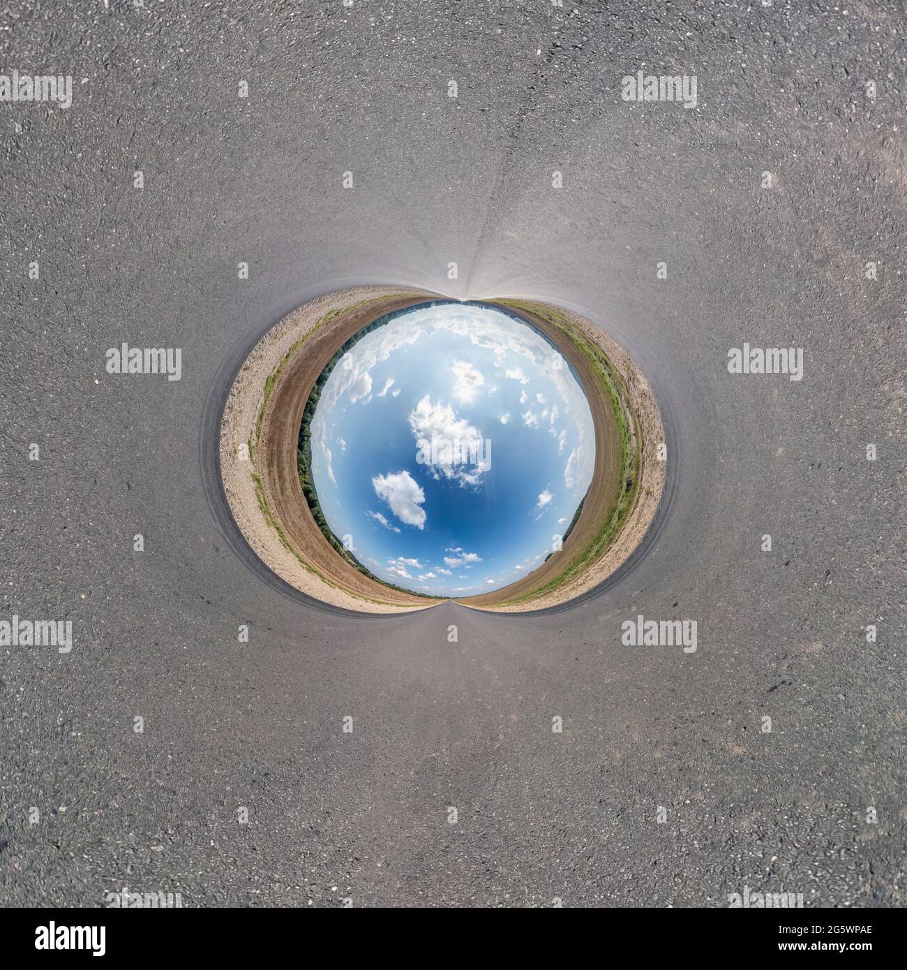 blue sky ball in middle of swirling road. Inversion of tiny planet ...