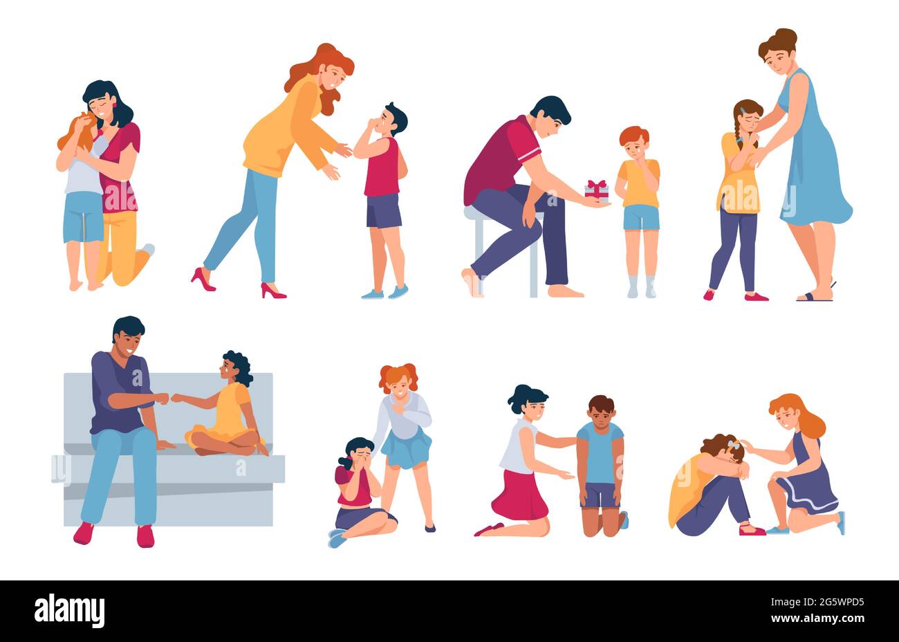 Family support. Parents and friends comforting and hugging crying kids. Adults console sad ...
