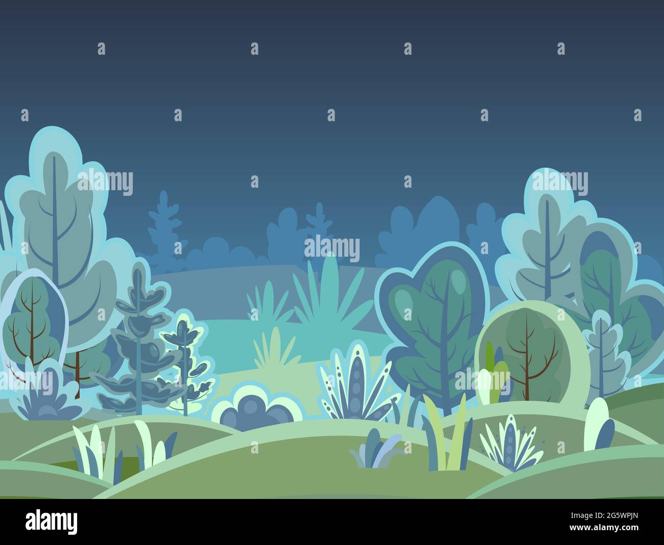 Flat forest. Night landscape with trees. Fog. Illustration in a simple ...