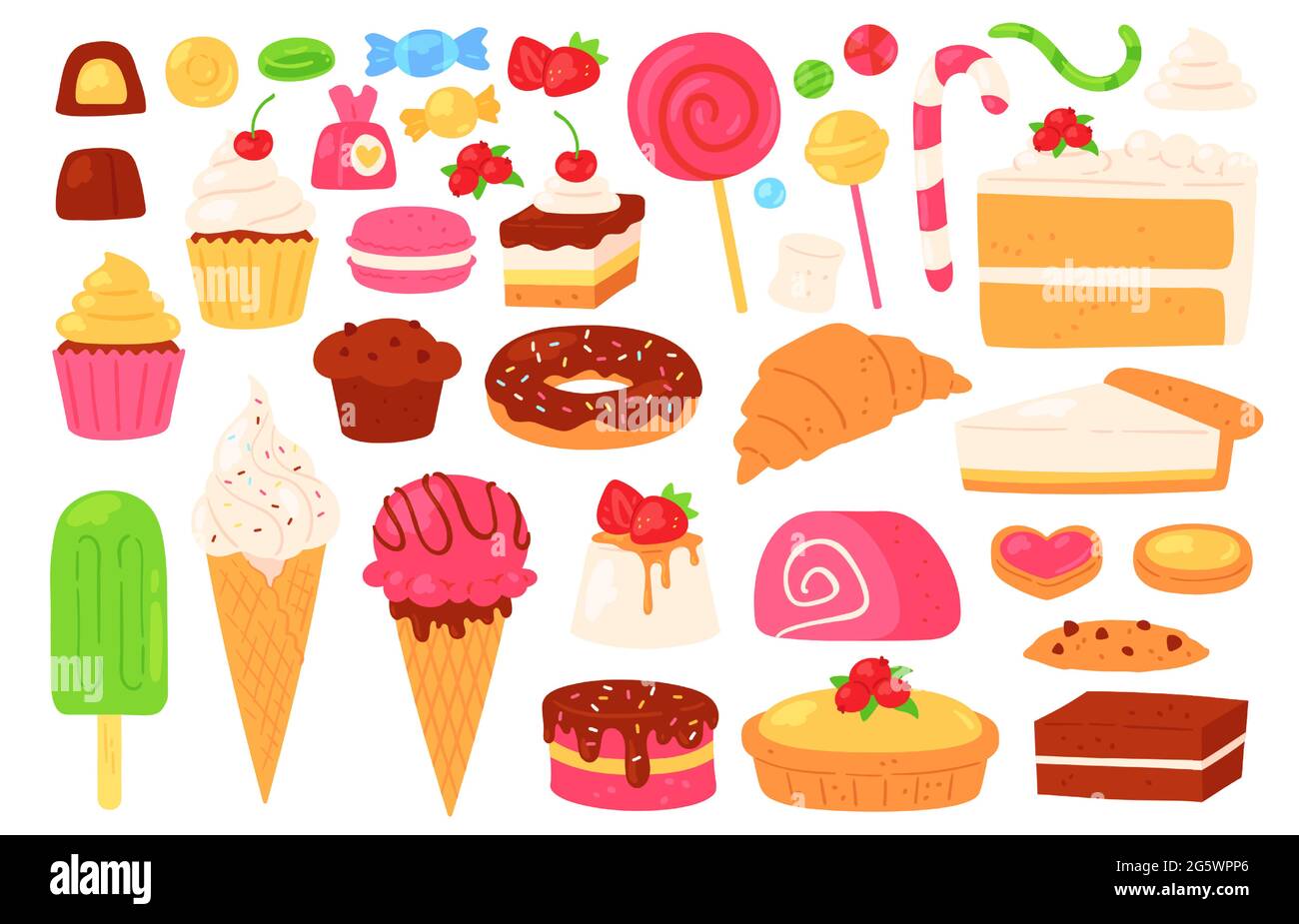 Cartoon candy and sweets. Cupcakes, ice cream, lollipops, chocolate and ...