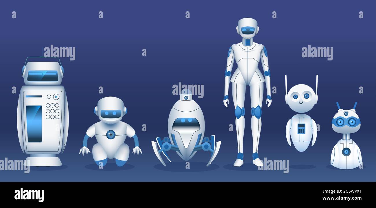 Robot characters. Cartoon futuristic robots, androids, cyborgs and bots. IT future technology ...