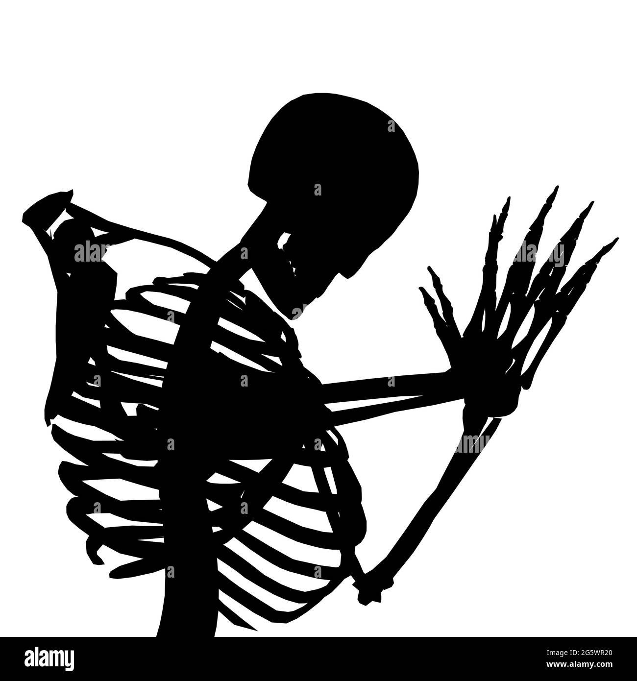 Silhouette of a skeleton kneeling and praying isolated on a white ...