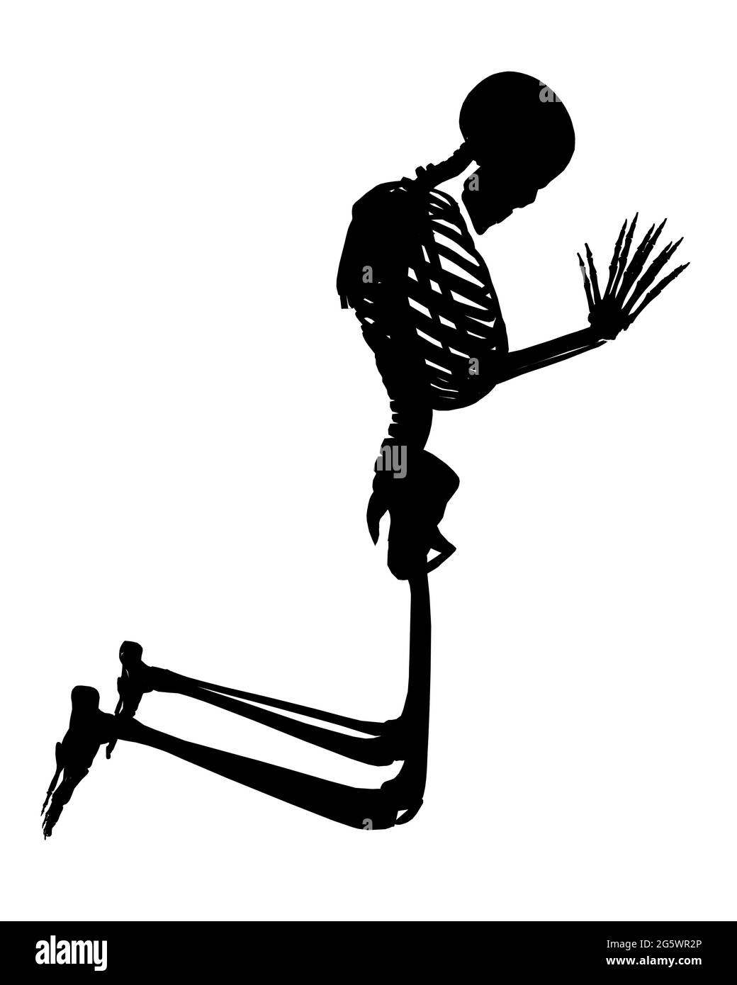 Silhouette of a skeleton kneeling and praying isolated on a white ...