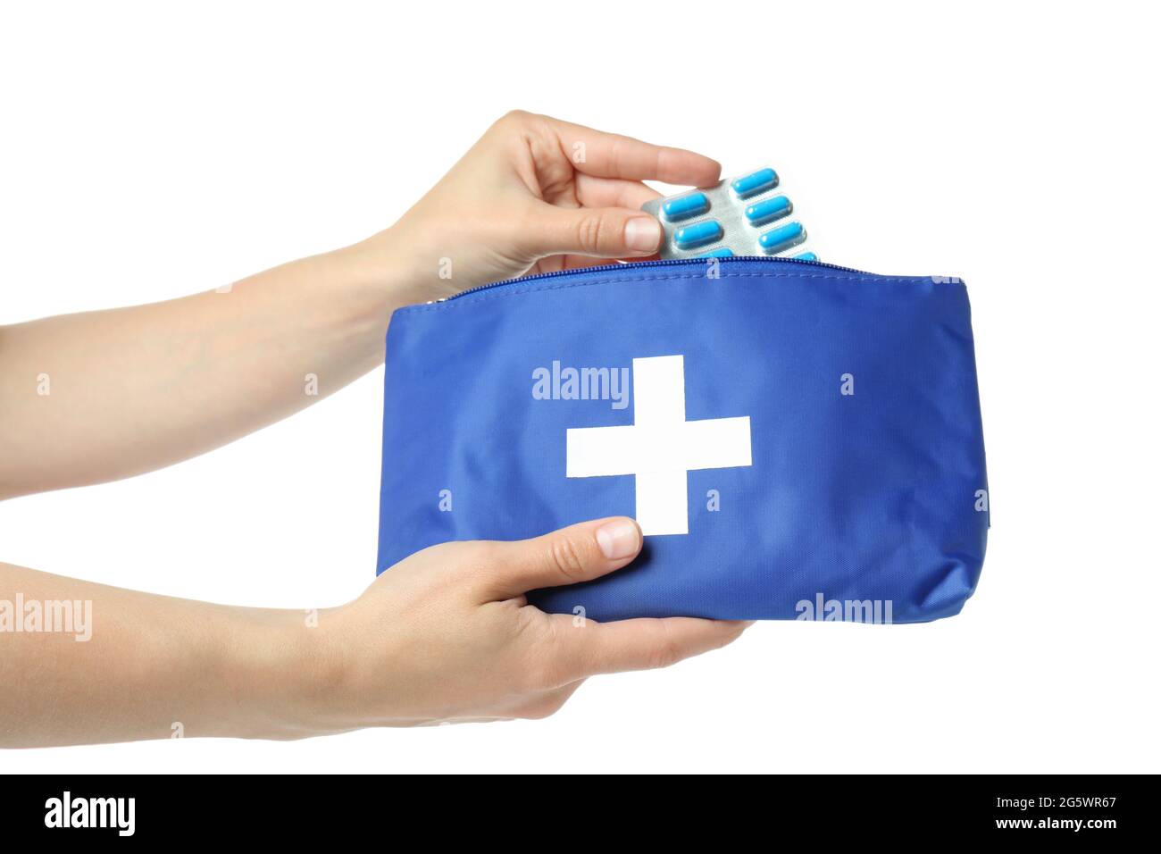 Female hands hold first aid medical kit, isolated on white background ...