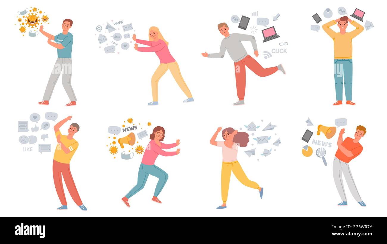 Information stress. Anxiety people running from data overload ...