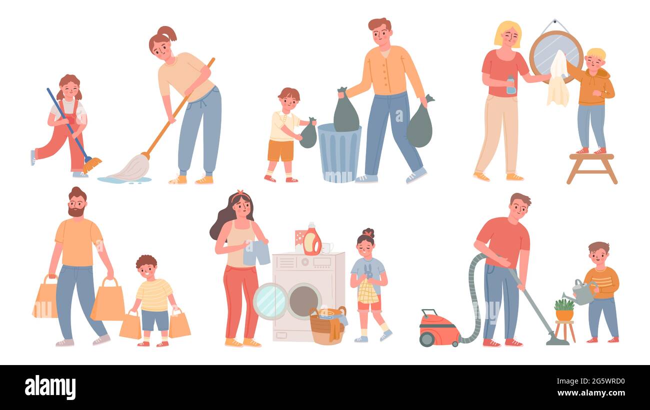Kids and parents cleaning. Children helps adults with housework, sweeping, do laundry, throw out ...