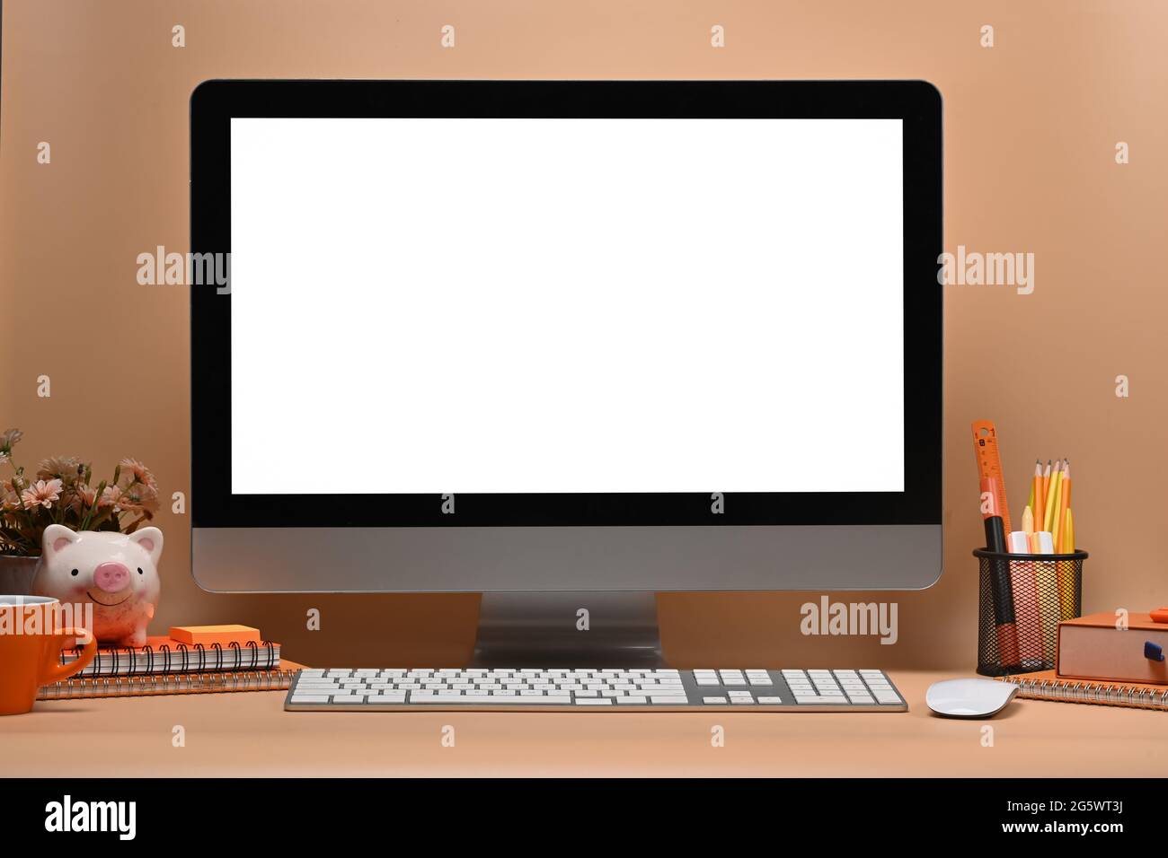 Computer with white screen at modern office Stock Photo - Alamy