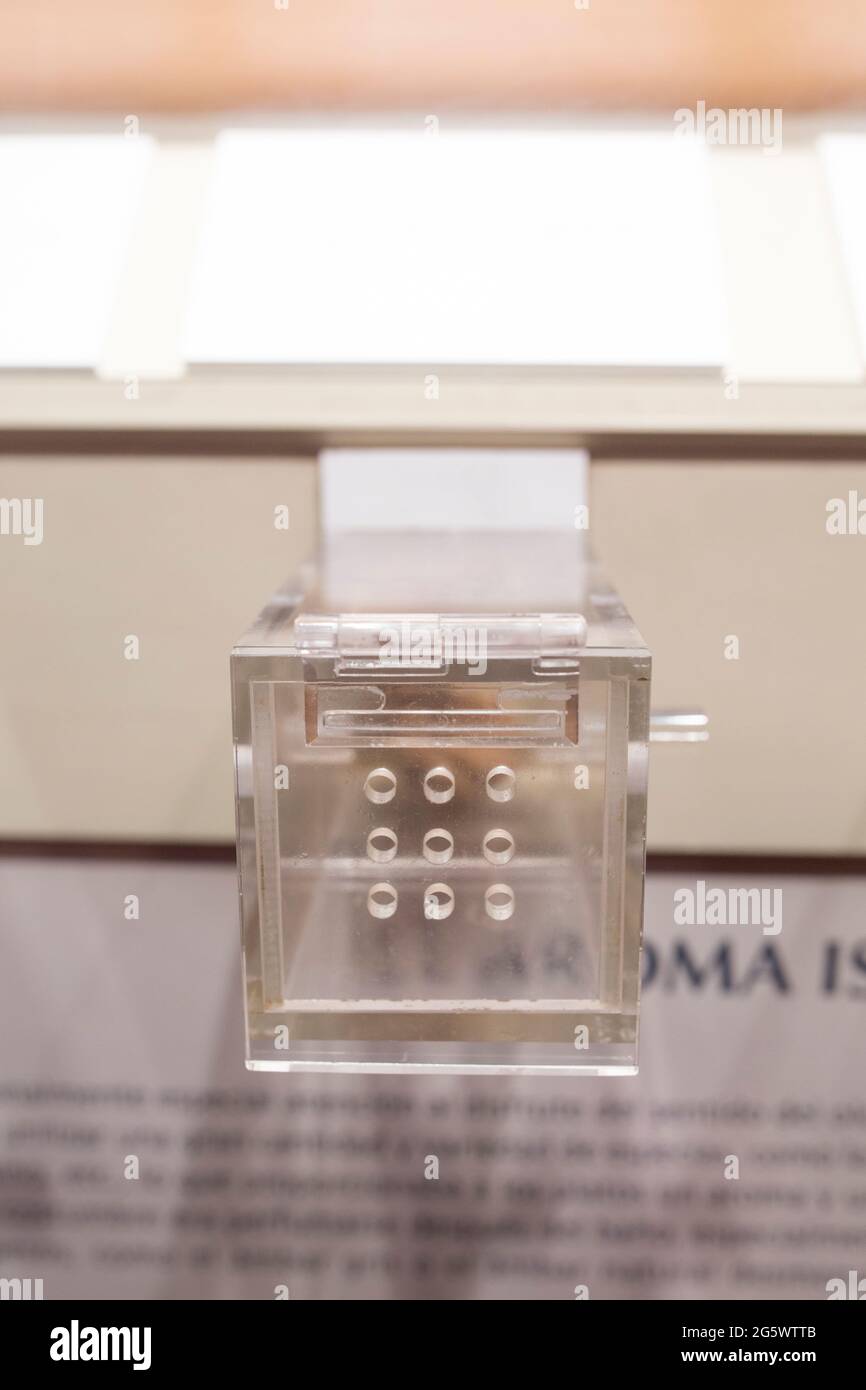 Museum display of methacrylate box with fragance. Specialized equipment ...