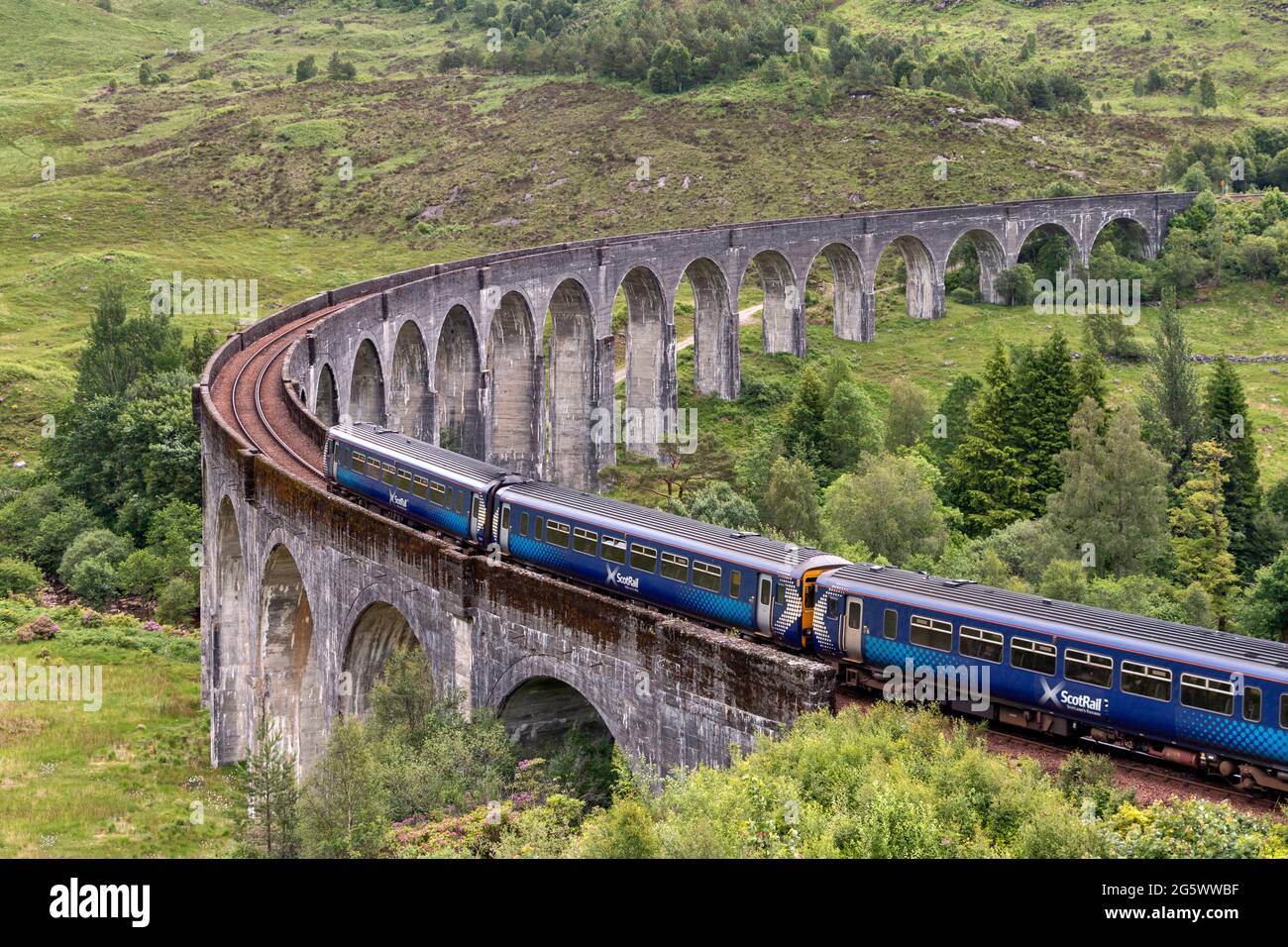 SCOTRAIL DIESEL TRAIN GLENFINNAN VIADUCT SCOTLAND A BLUE TRAIN CROSSING ...