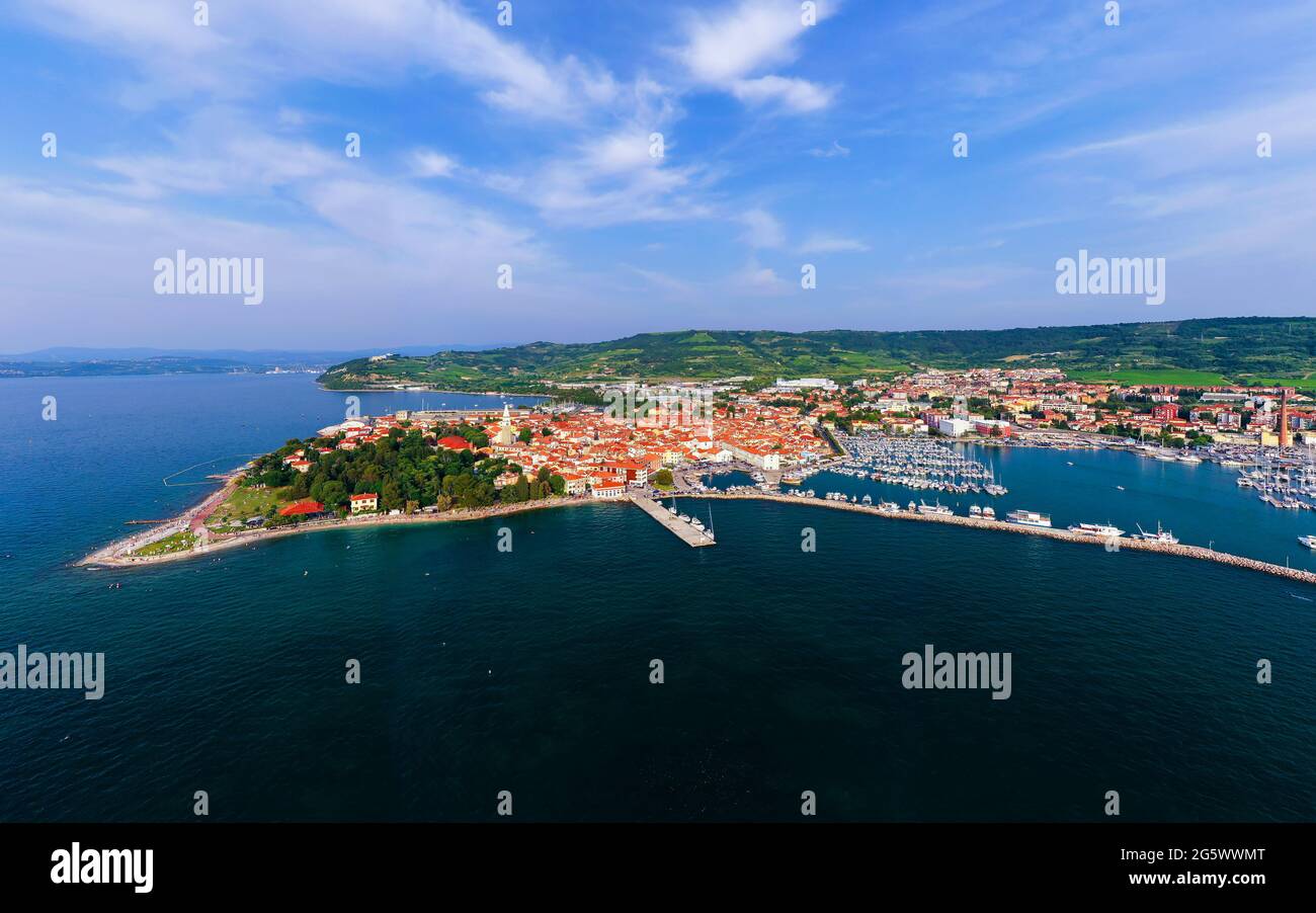 Aerial cityscape about Izola town Slovenia. Unique mediterranic cute ...