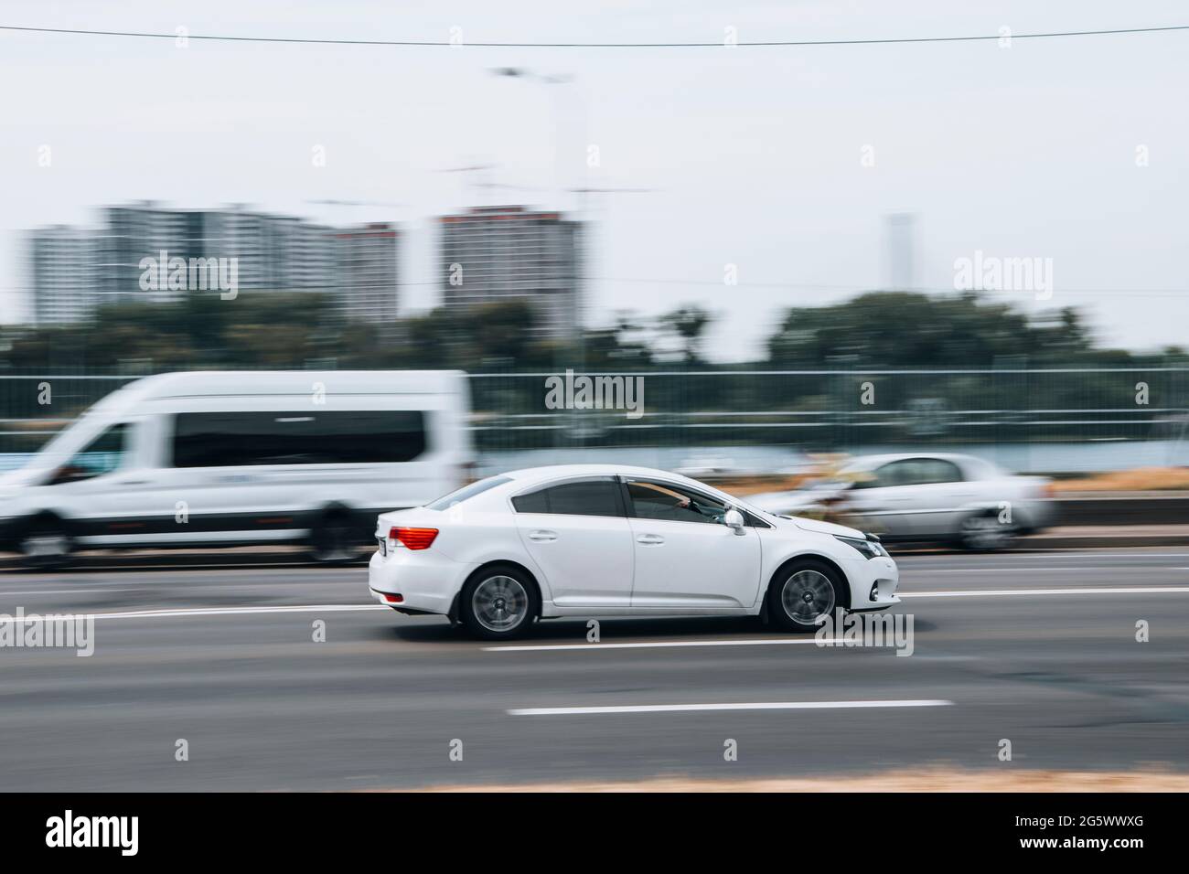 Ukraine, Kyiv - 27 June 2021: White Toyota Avensis car moving on the ...