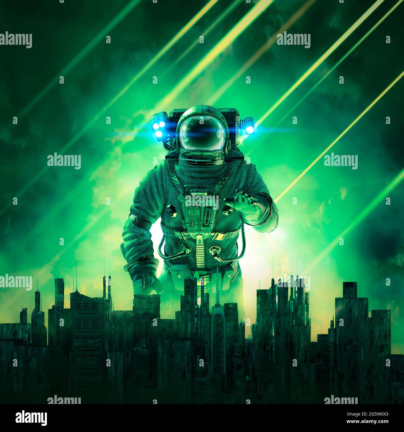 Asteroid storm dark astronaut / 3D illustration of mysterious male ...