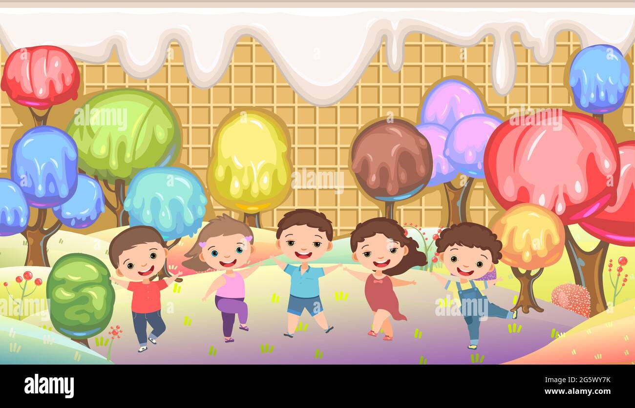 Kiddies on Candy Background. Cartoon sweet land. Boys and girls. Ice ...