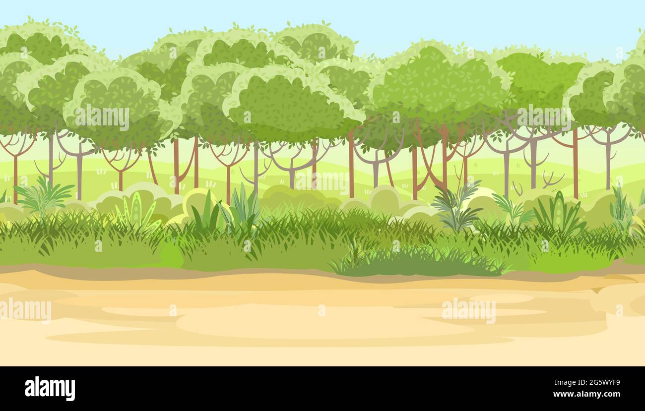 Road at the edge of the forest. Herbaceous green thickets and bushes ...