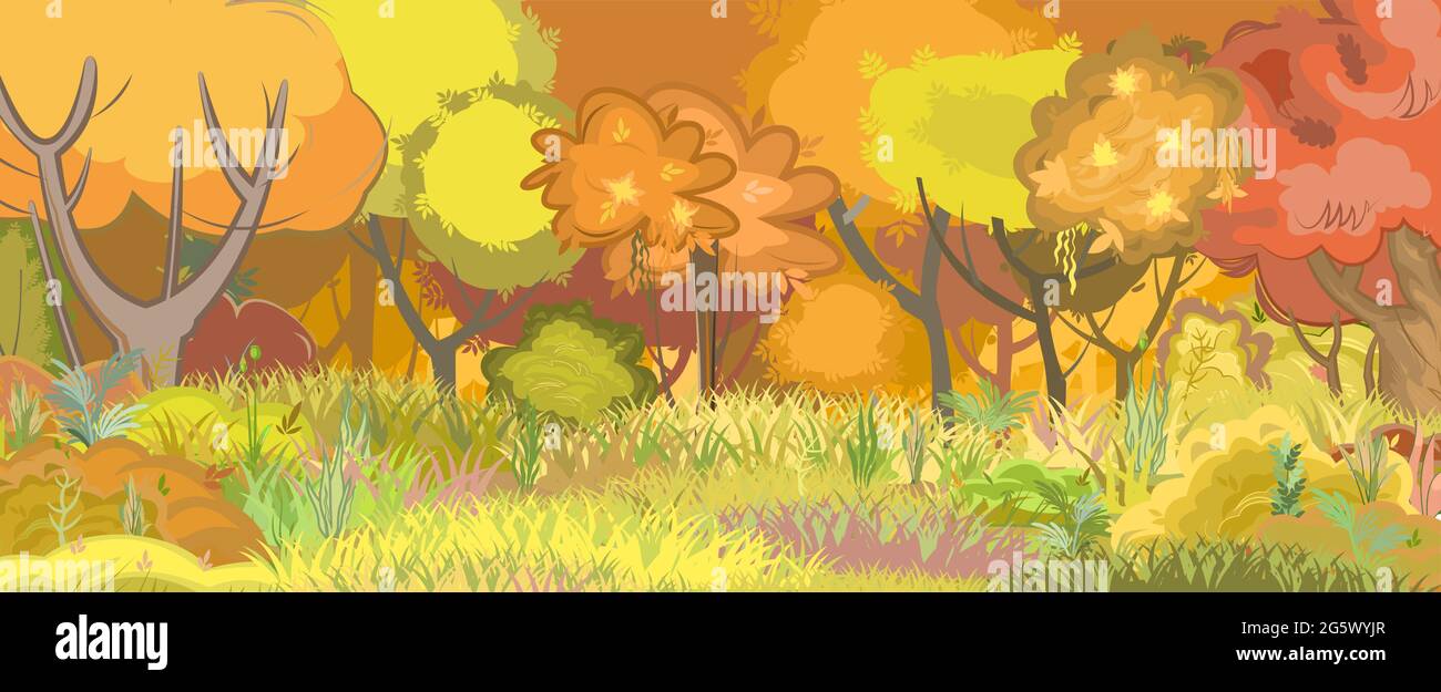 Forest autumn meadow. Green, yellow, orange and red trees. Edge with ...